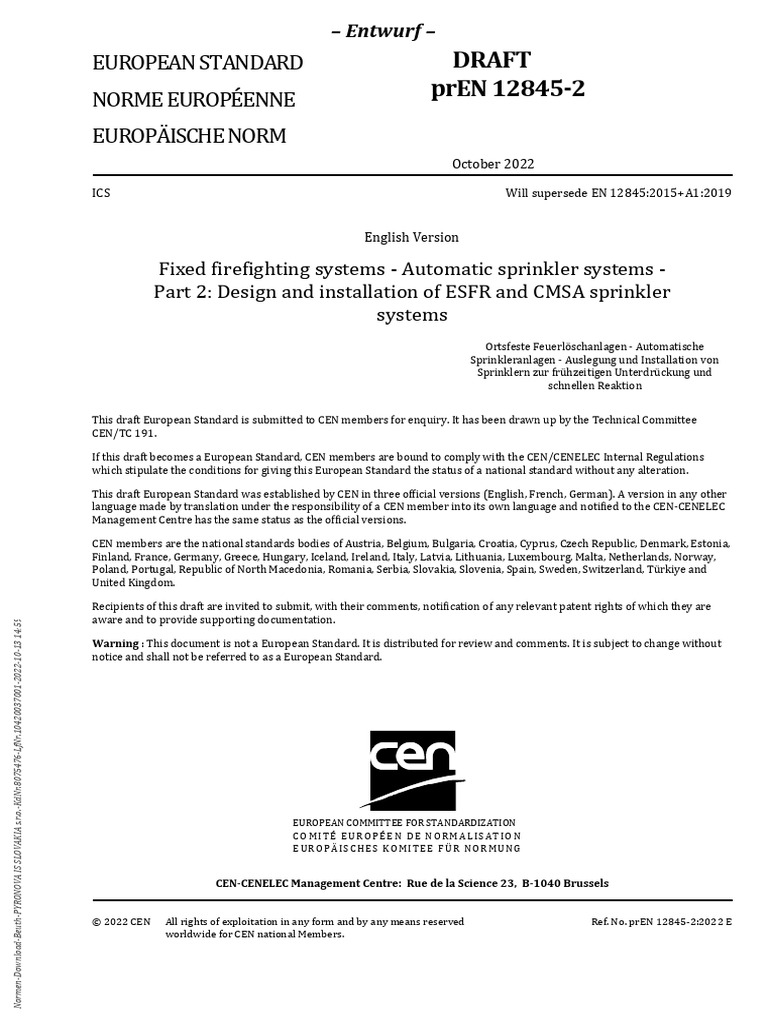 EN 12845-2:2022 Draft Overview | PDF | Fire Sprinkler System | Firefighting