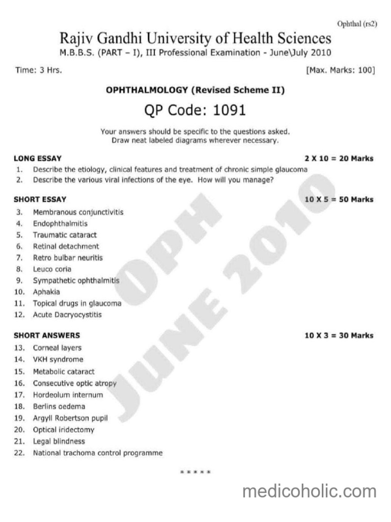 3rd Year MBBS Question Papers RGUHS Opthalmology | PDF