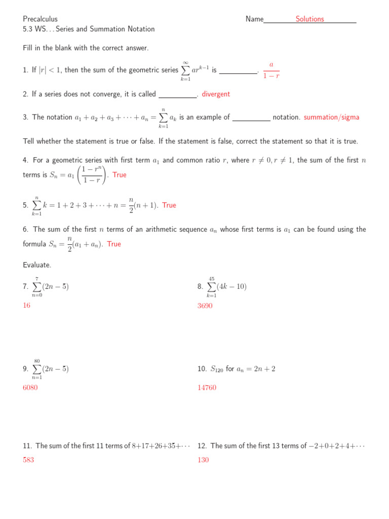 Summation WS Key | PDF | Mathematical Notation | Mathematics