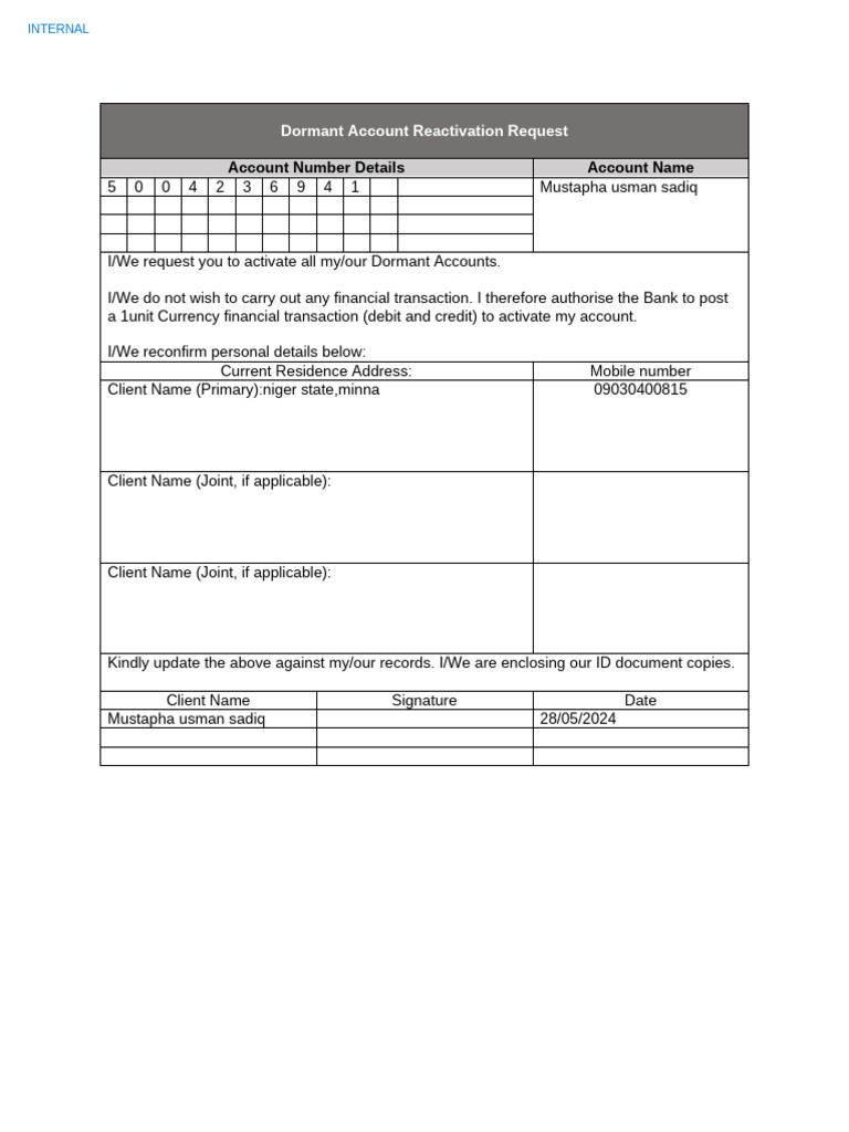 Dormant Account Reactivation Form | PDF