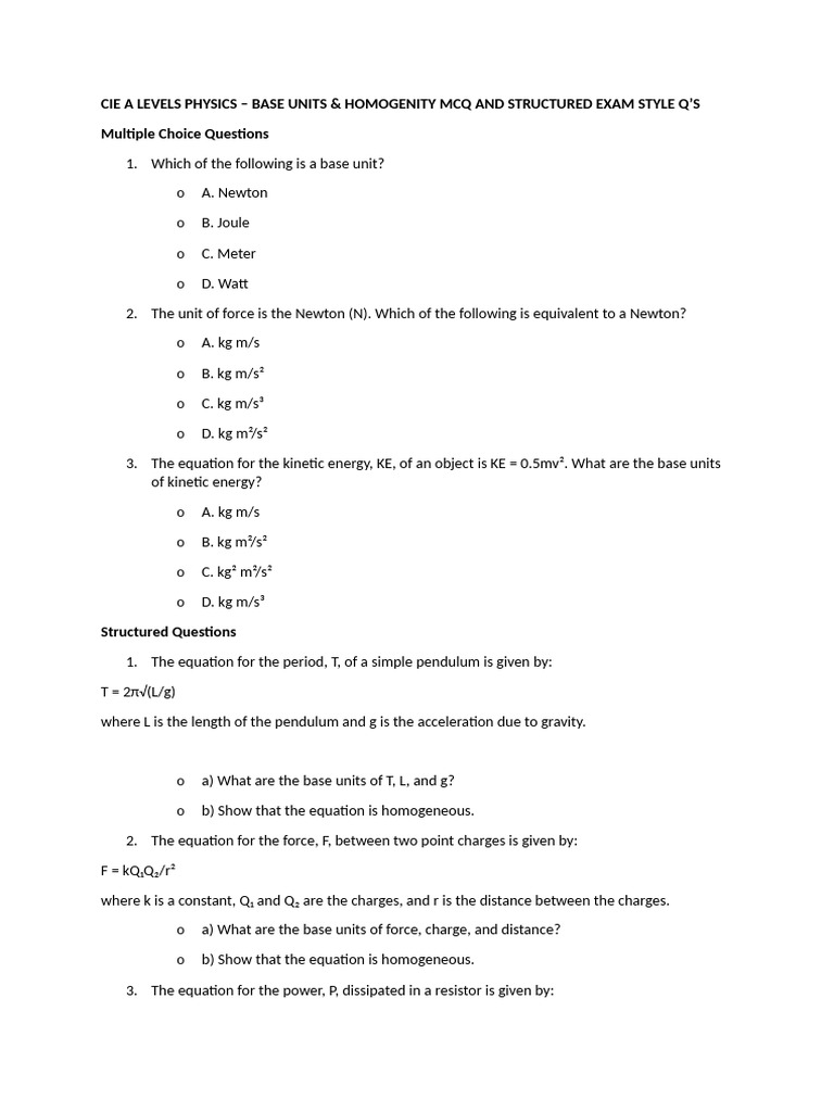 Cie A Levels Physics Base Units and Homogenity | PDF
