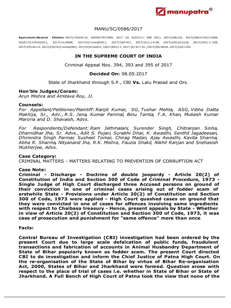State_of_Jharkhand_through_SP_CBI_vs_Lalu_Prasad_aSC20171205171652542COM539587 | PDF | Double ...