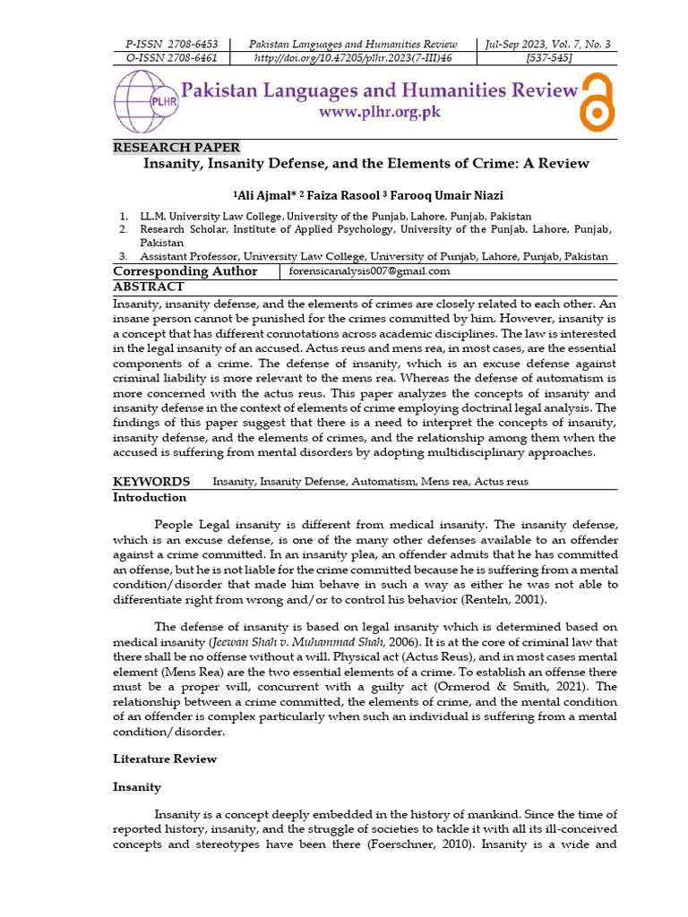 Insanity, Insanity Defense, and The Elements of Crime: A Review | PDF ...