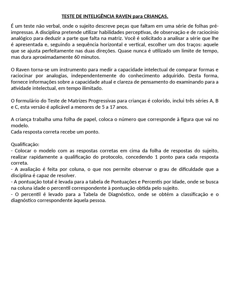 Teste Raven Infantil: Guia Completo | PDF | Quociente de inteligência ...