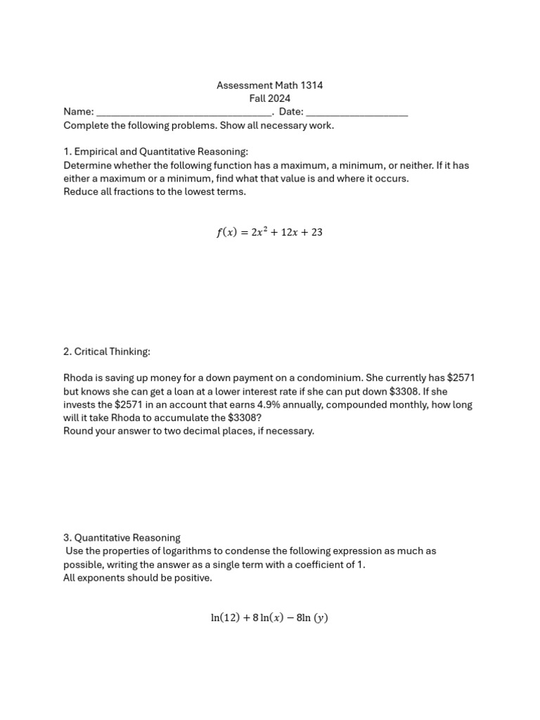 Assessment Math 1314 Fall 2024-1 | PDF