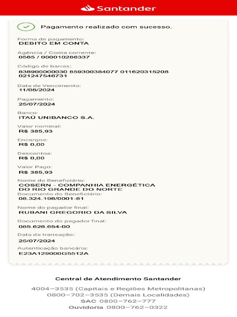 Comprovante de Pagamento Santander 01 | PDF
