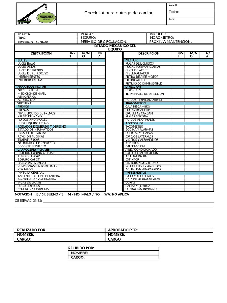 Check List para Entrega Camiones | PDF | Camión | Fabricantes de ...