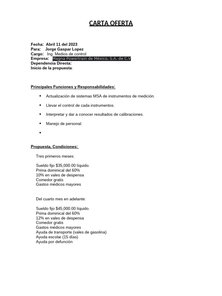 Carta Oferta Laboral Modelo | PDF