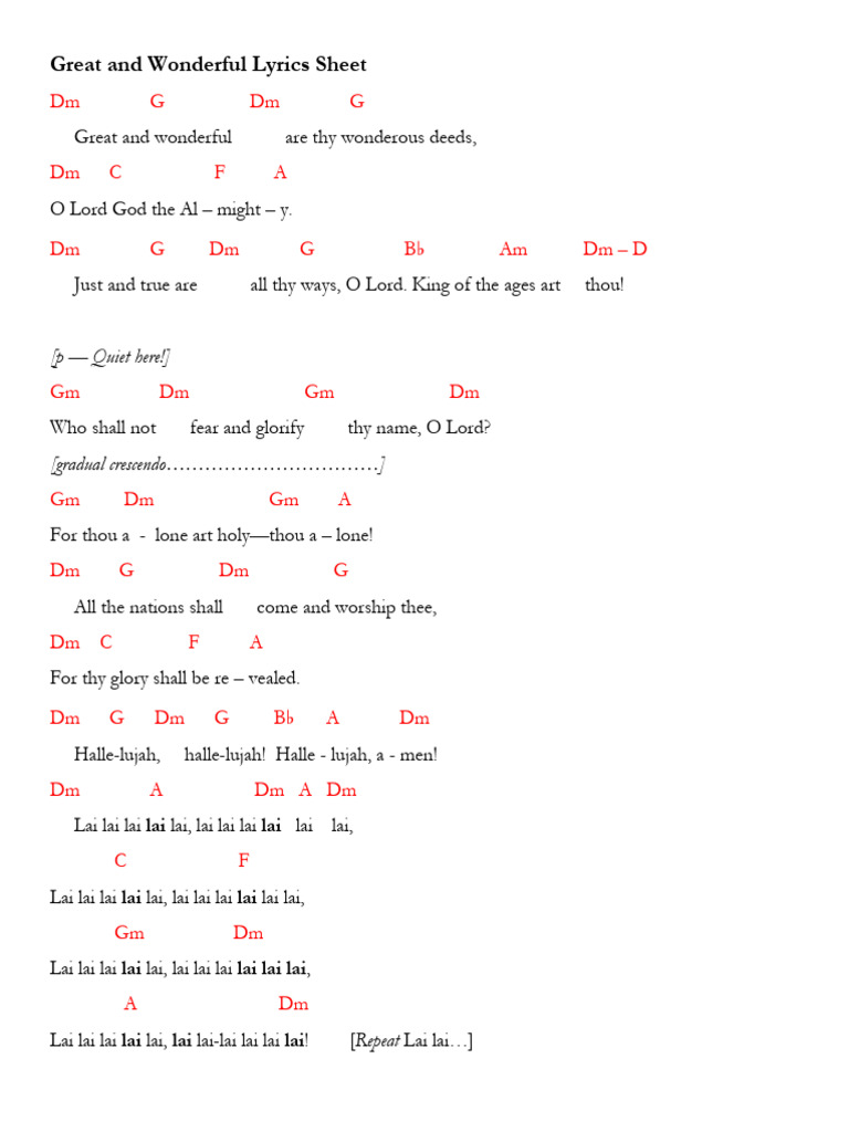 Great and Wonderful Lyrics Sheet | PDF