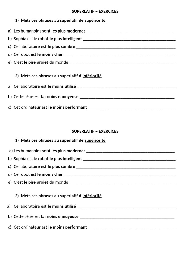 Exercices sur le superlatif en français | PDF