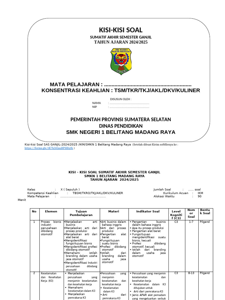 Plan B Kisi-kisi SAS GANJIL 2024-2025_IKM | PDF