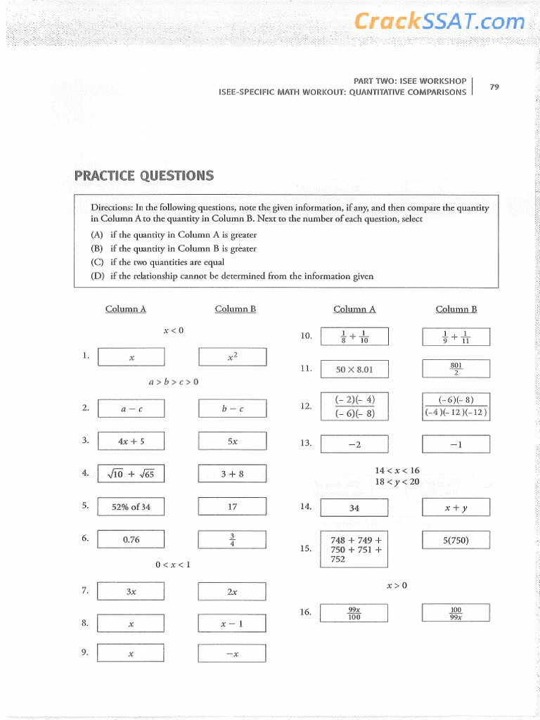 ISEE Quantitative Comparisons Practice Test | PDF