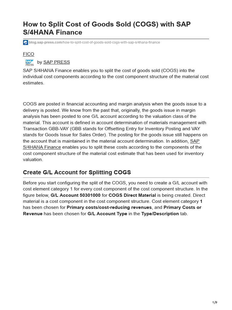 How To Split Cost of Goods Sold COGS With SAP S4HANA Finance | PDF | Inventory | Debits And Credits