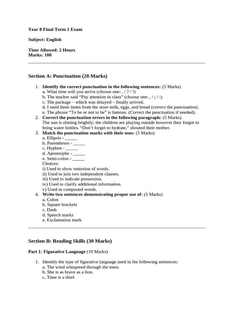 Year 8 English Exam: Punctuation & Writing | PDF | Punctuation | Poetry