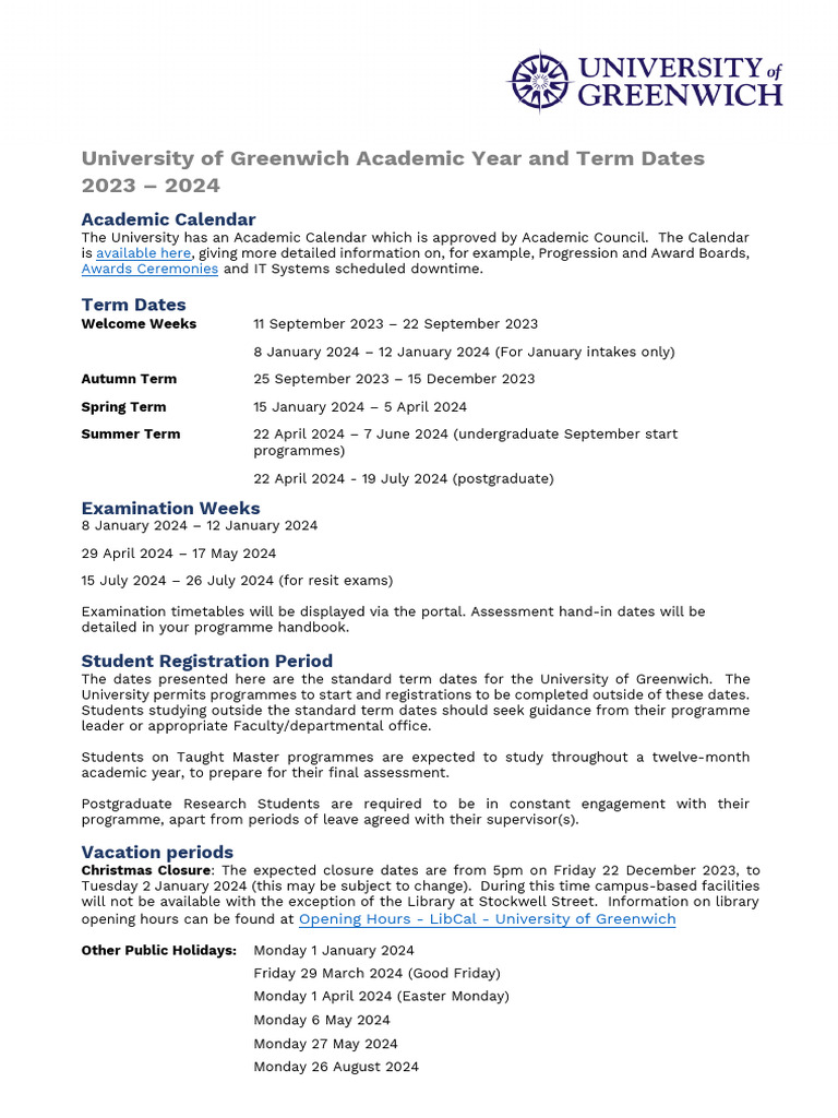 University of Greenwich 2023-2024 Term Dates | PDF