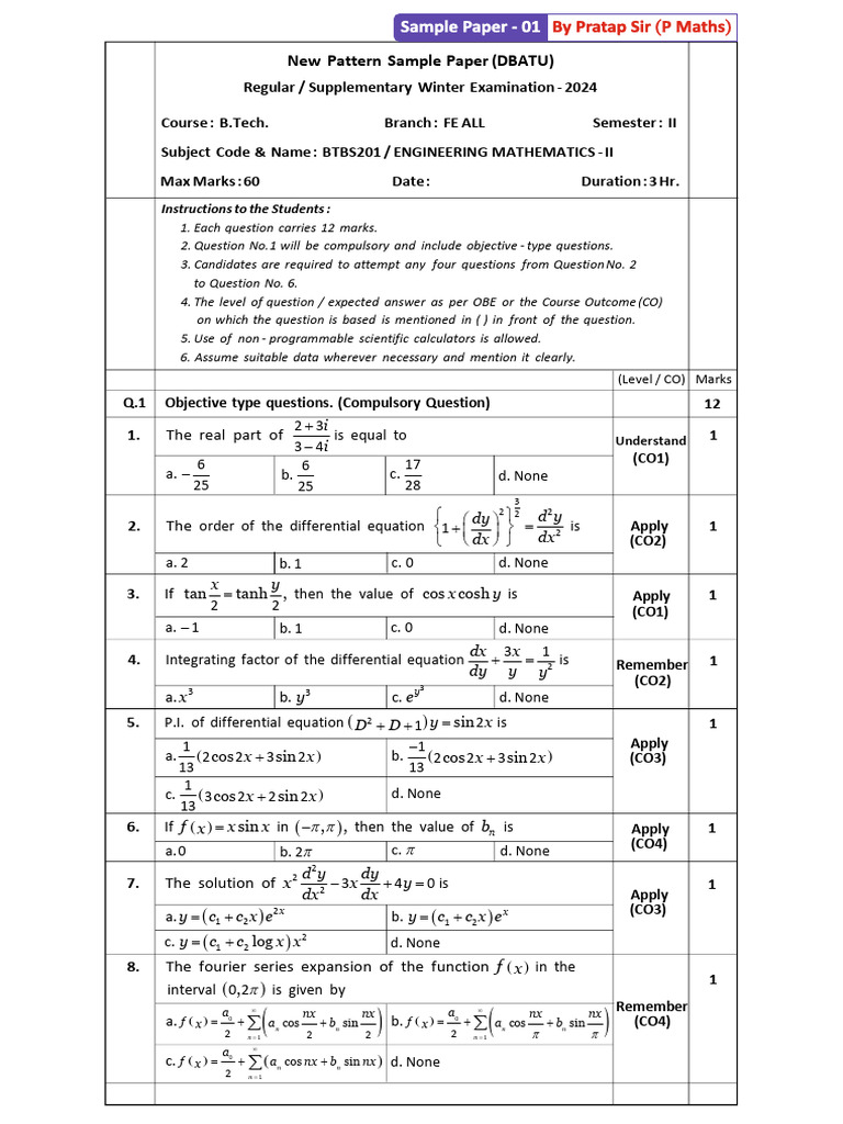DBATU (M2) New Pattern Sample Paper 01 by Pratap Sir | PDF ...