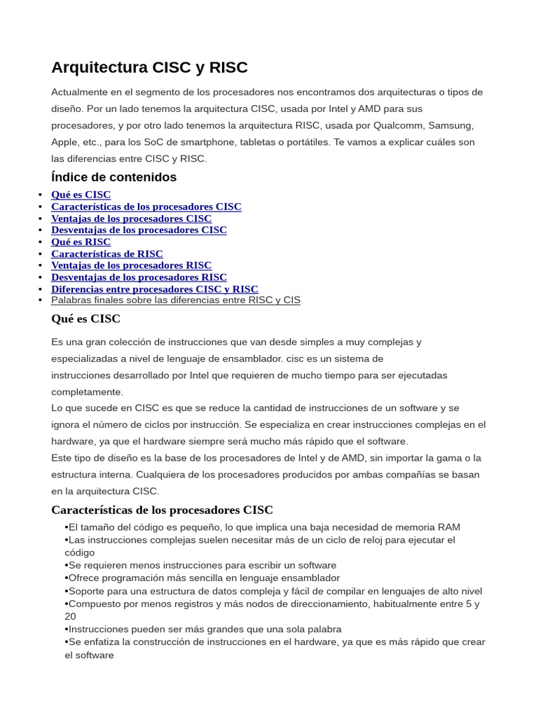 Diferencias entre arquitecturas CISC y RISC | PDF | Unidad Central de ...