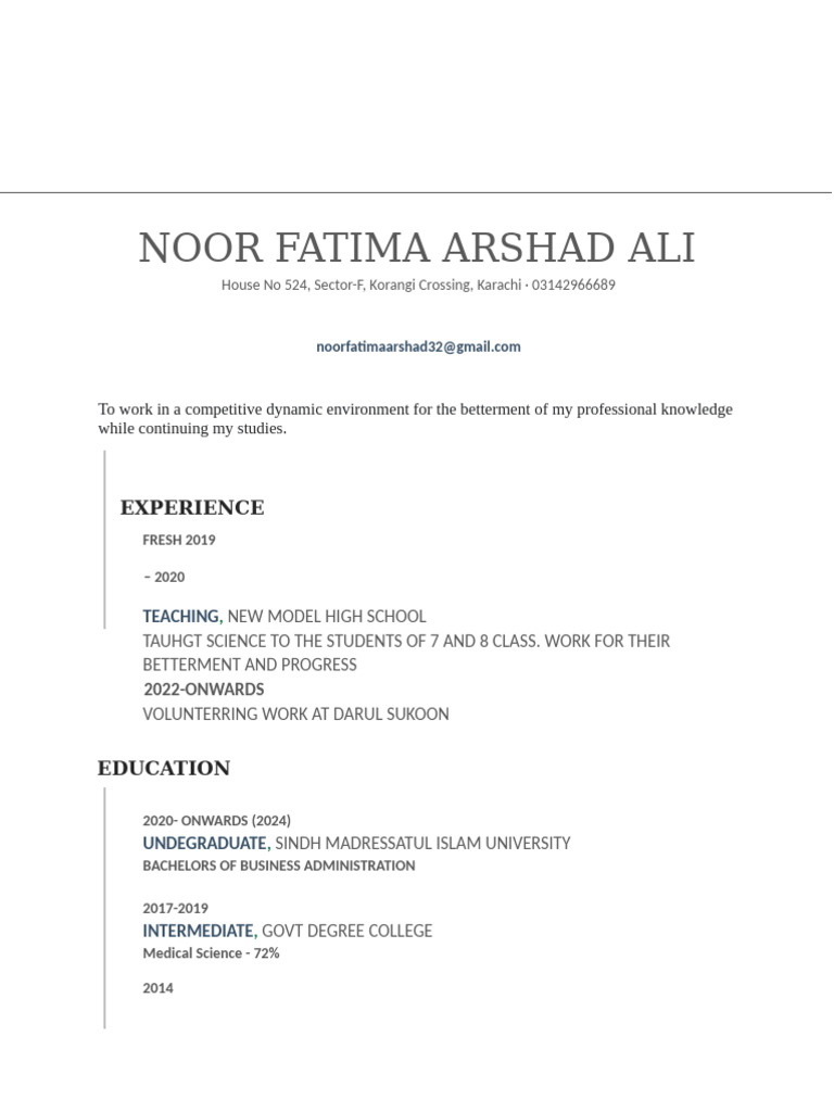 Noor Fatima CV | PDF