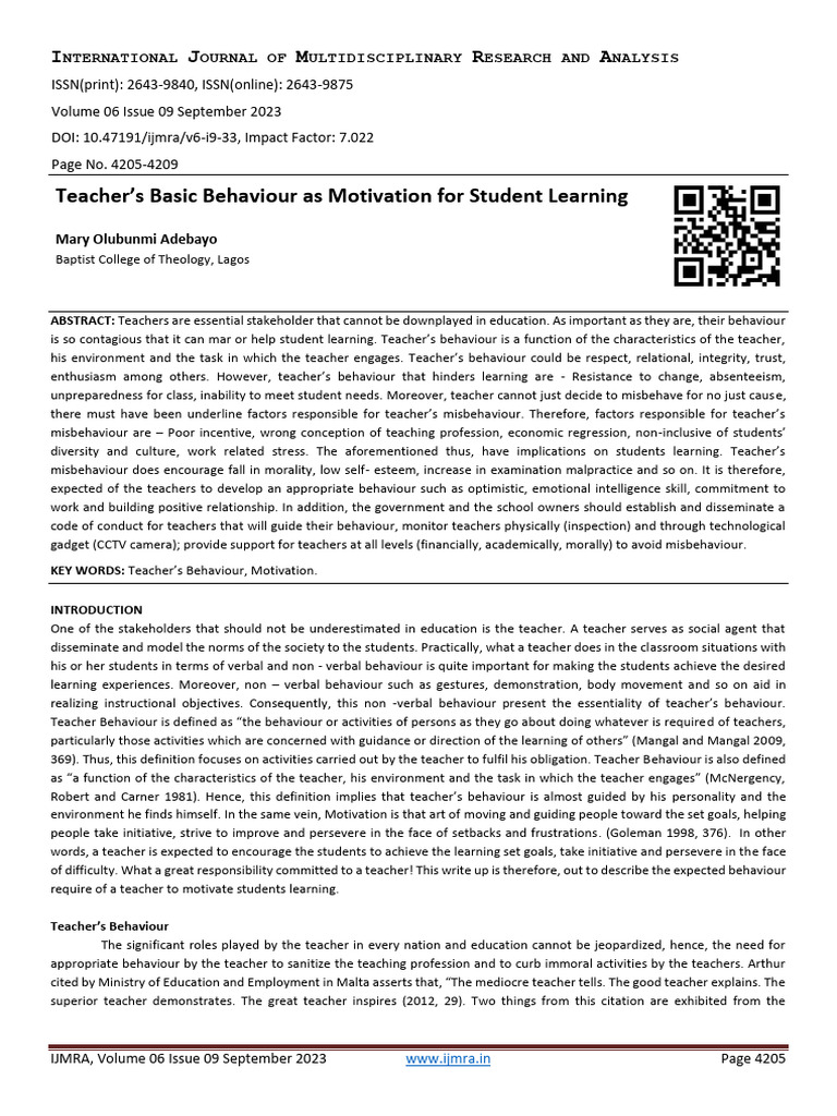 Teachers Basic Behaviour As Motivation For Studen | PDF | Teachers ...
