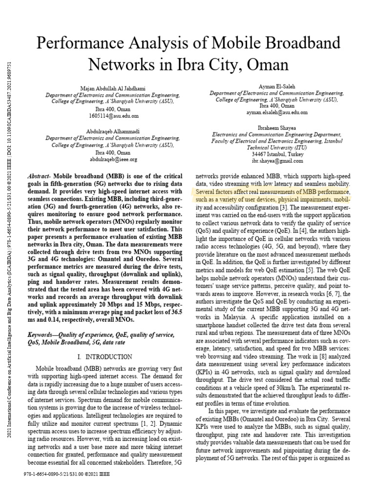 Performance Analysis of Mobile Broadband Networks in Ibra City | PDF | 4 G | Quality Of Service