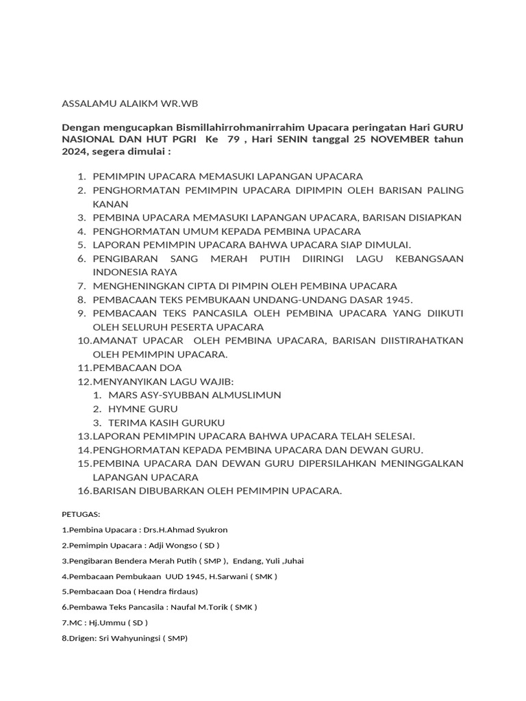 Susunan Upacara Peringatan Hari Guru Nasional 2024 | PDF