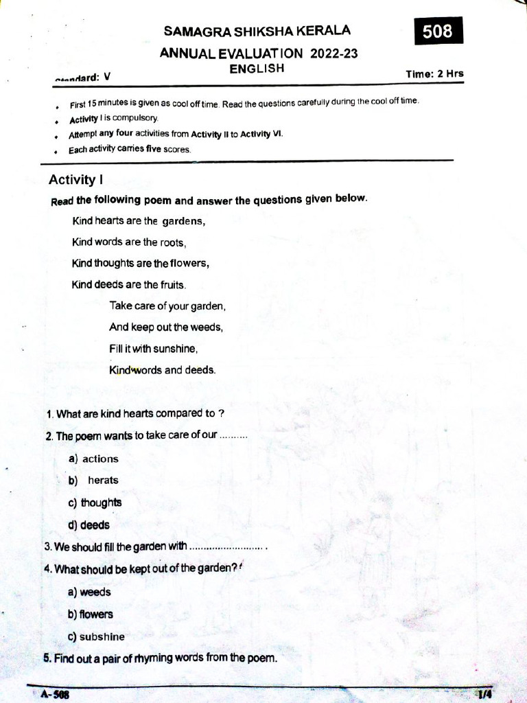 Kerala Class 5 Annual exam 2023 ENGLISH Question Paper | PDF