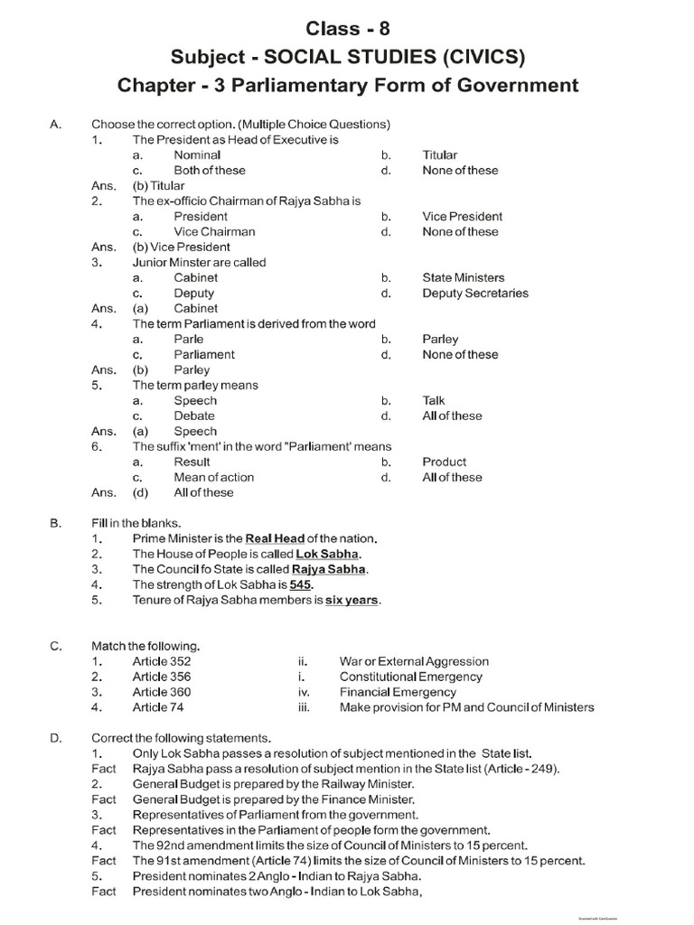 Class 8 Subject Social Studies Civics Chapter 3 Parliamentary Form of ...