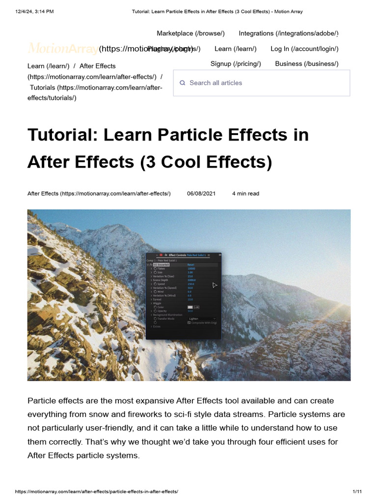 Tutorial Learn Particle Effects In After Effects 3 Cool Effects Motion Array Pdf Snow