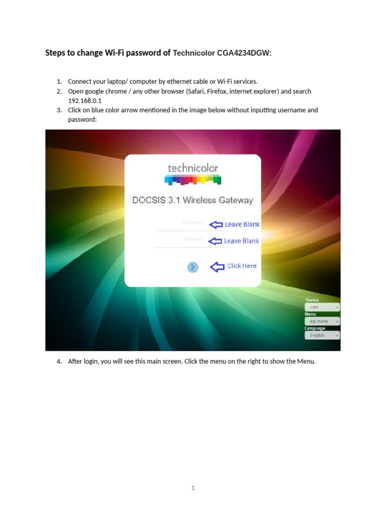 Steps To Change WiFI Password of Technicolor CGA4234DGW | PDF