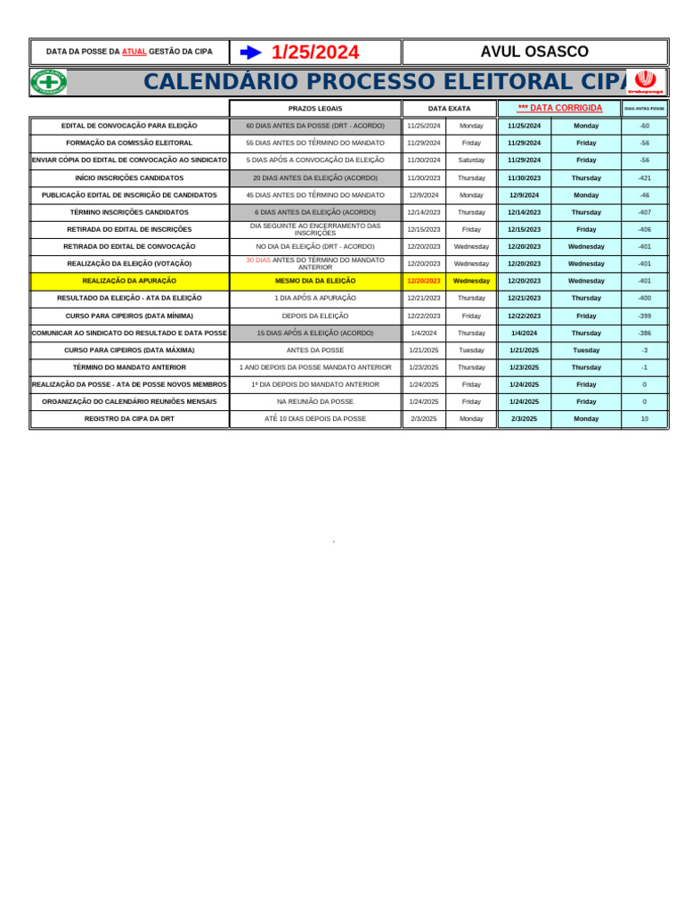 Calendário Eleitoral CIPA 2024 Osasco | PDF | Eleições | Eventos políticos