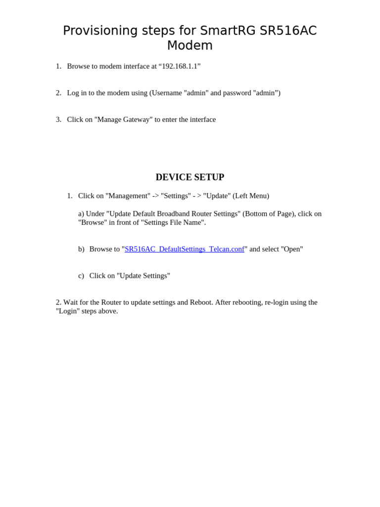 Provisioning Steps For SmartRG SR516AC Modem | PDF