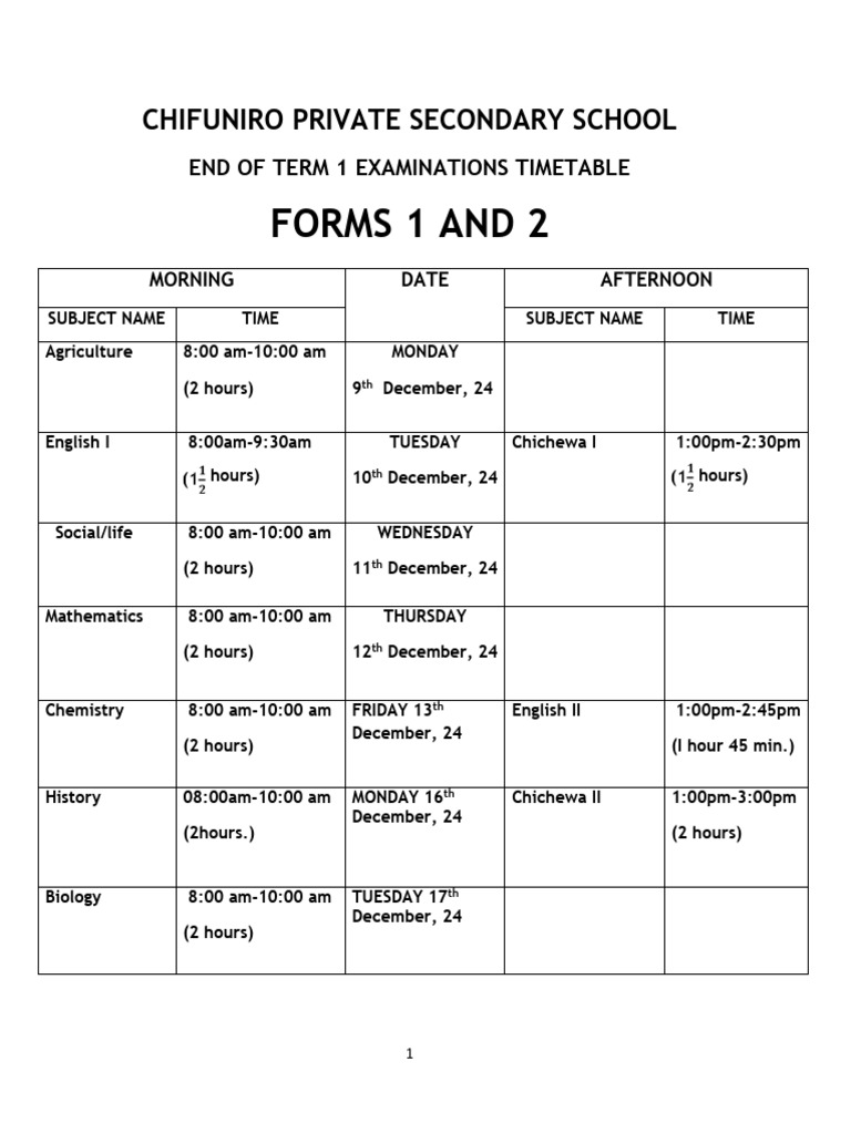 Exam Timetable for Forms 1 & 2 | PDF