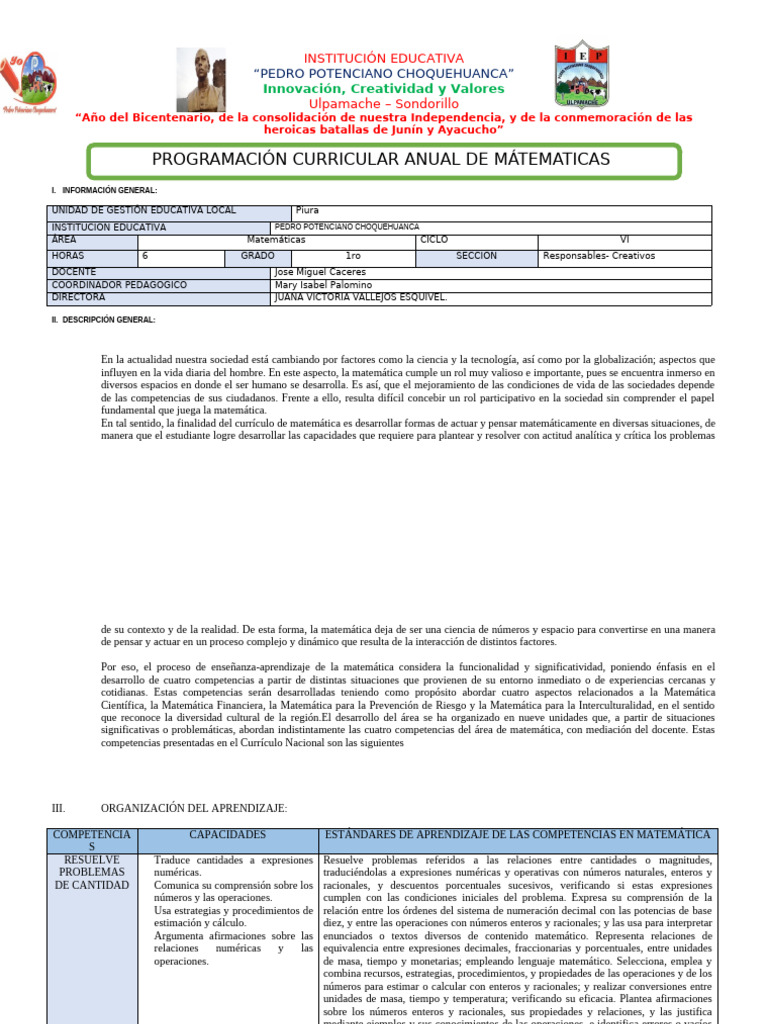 ESQUEMA DE PROGRAMACION ANUAL 2025 PPCH 1ro | PDF | Ecuaciones | Números