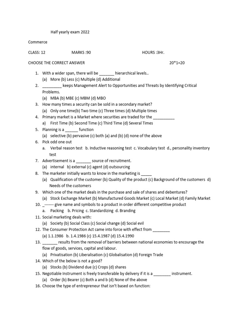 Class 12 Commerce Exam 2022 | PDF | Economies