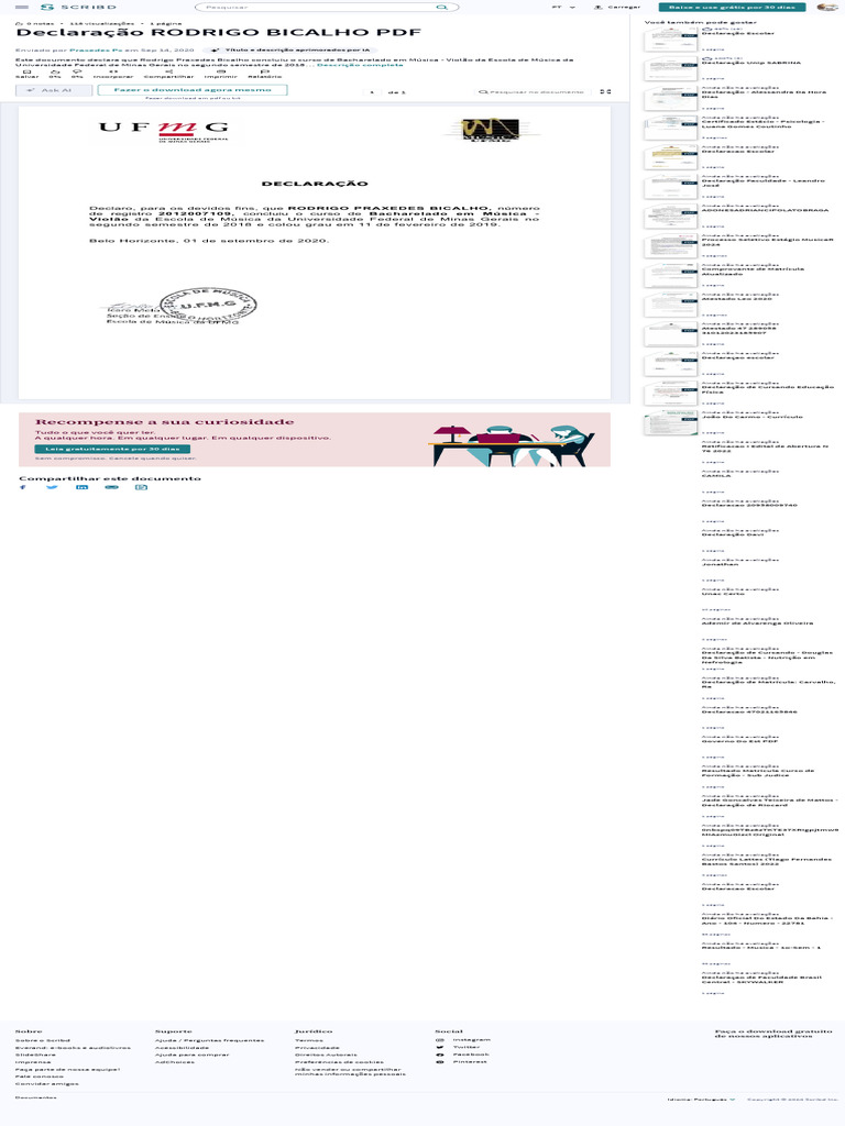 Declaração RODRIGO BICALHO PDF - PDF | PDF