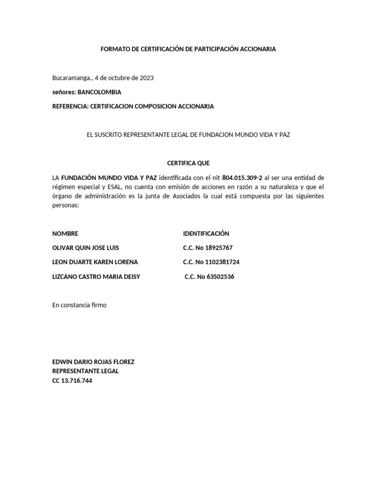 Formato de Certificación de Participación Accionaria | PDF