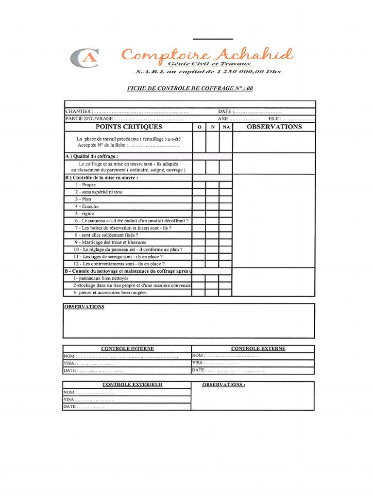 Annexe 7 Fiche controle coffrage | PDF
