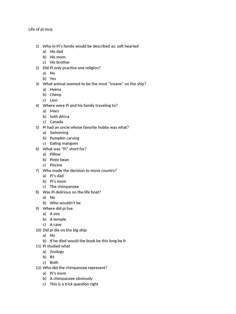 Life of Pi Quiz for Students | PDF