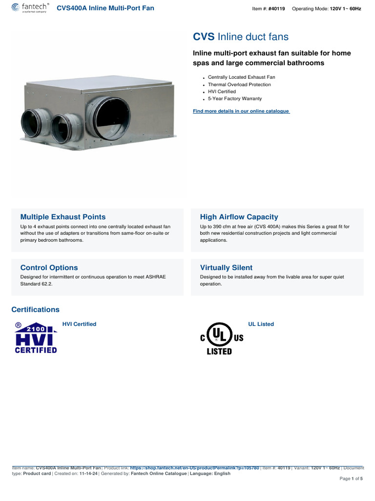 Fantech CVS400A Inline Multi-Port Fan | PDF | Duct (Flow) | Power Supply Fantech CVS400A Inline Multi-Port Fan | PDF | Duct (Flow) | Power Supply
