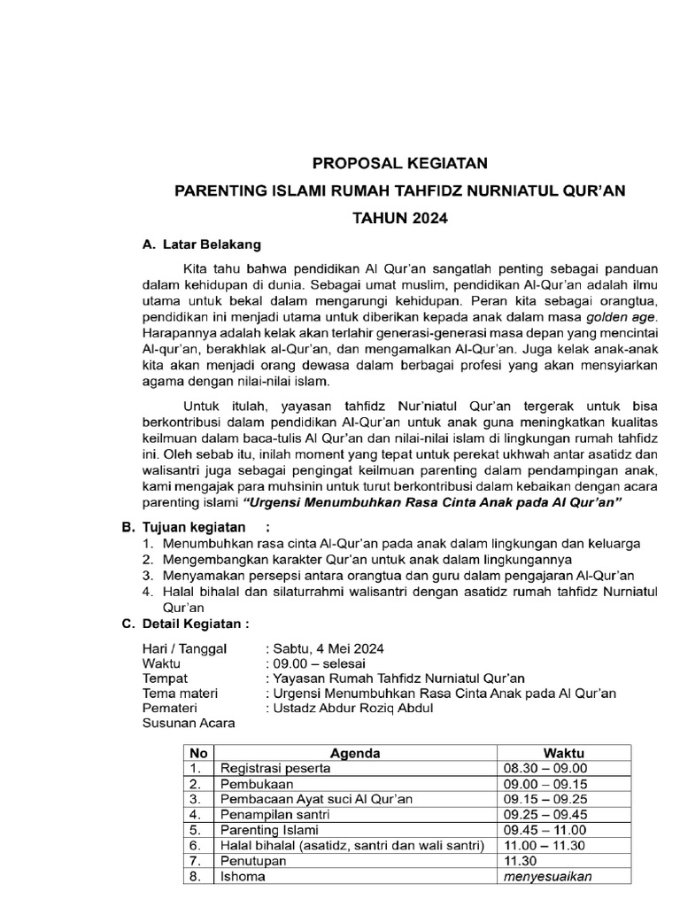 Proposal Kegiatan Parenting Nurniatul Qur'an Bulan Sep - 240911 - 205307 | PDF