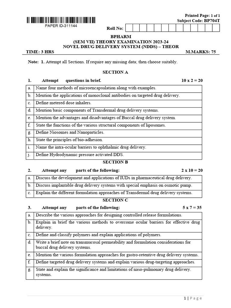 Bpharm 7 Sem Novel Drug Delivery System Ndds bp704t Feb 2024 | PDF | Pharmacology ...