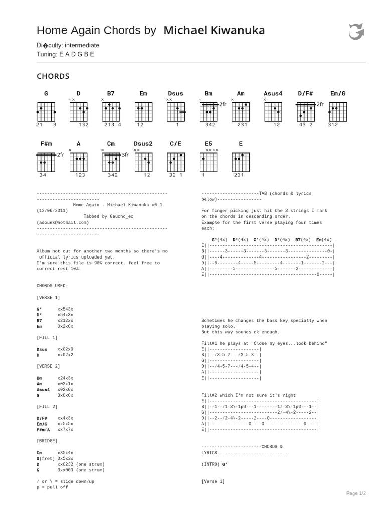 Home Again Chords by Michael Kiwanuka | PDF | Guitars | Celtic Musical ...