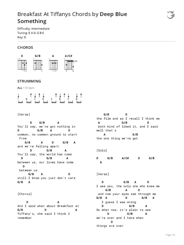 Breakfast at Tiffanys Chords by Deep Blue Something | PDF | Song Structure | Songs