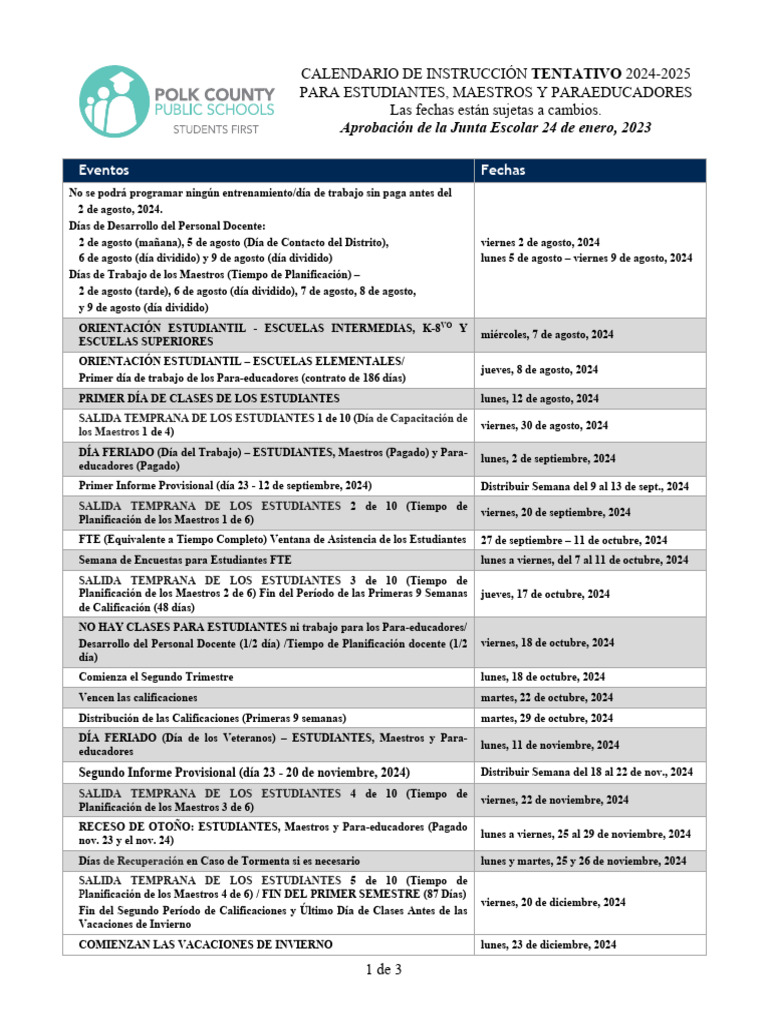 TENTATIVE 2024-2025 School Calendar SPANISH 230124ADA | PDF