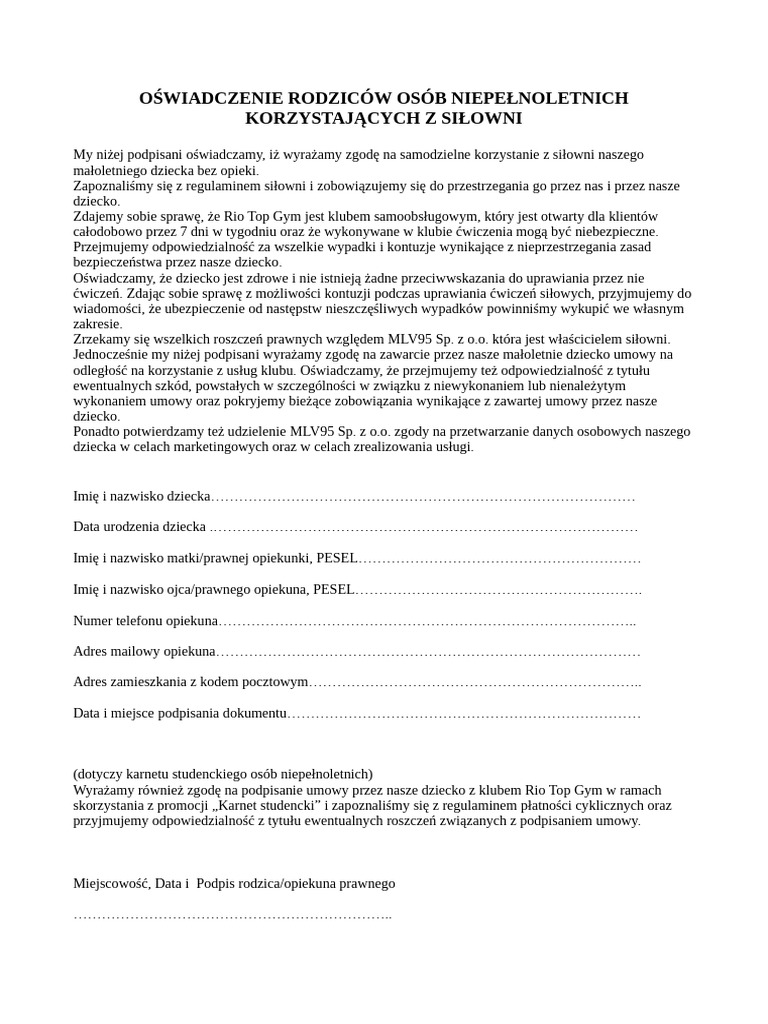 Oswiadczenie Rodzicow Osob Niepelnoletnich RIO TOP GYM 1 | PDF