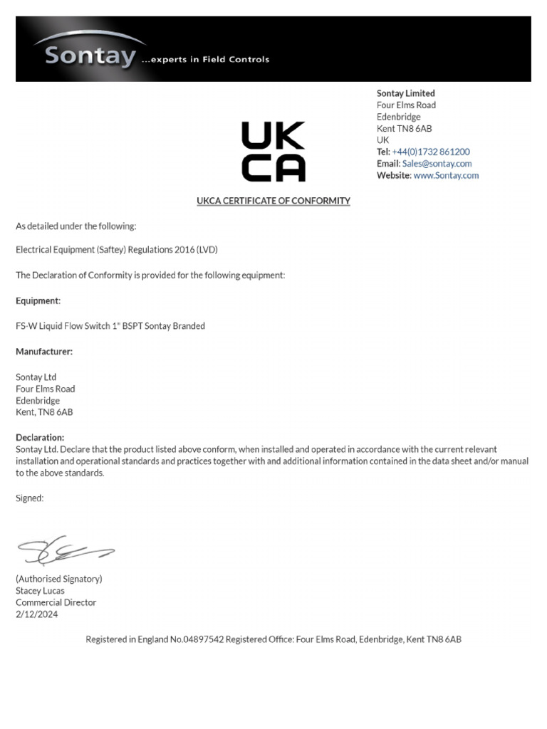 FS-W - Certificate of Conformity (UK) | PDF