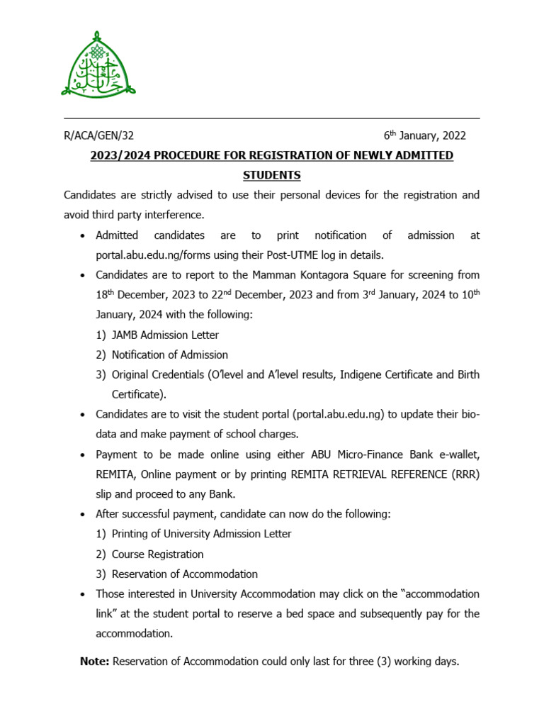 2023 PROCEDURE FOR REGISTRATION OF NEWLY ADMITTED STUDENTS | PDF 2023 PROCEDURE FOR REGISTRATION OF NEWLY ADMITTED STUDENTS | PDF