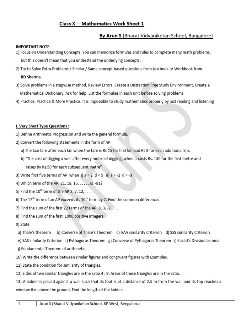 Class X Math Worksheet | PDF | Circle | Triangle
