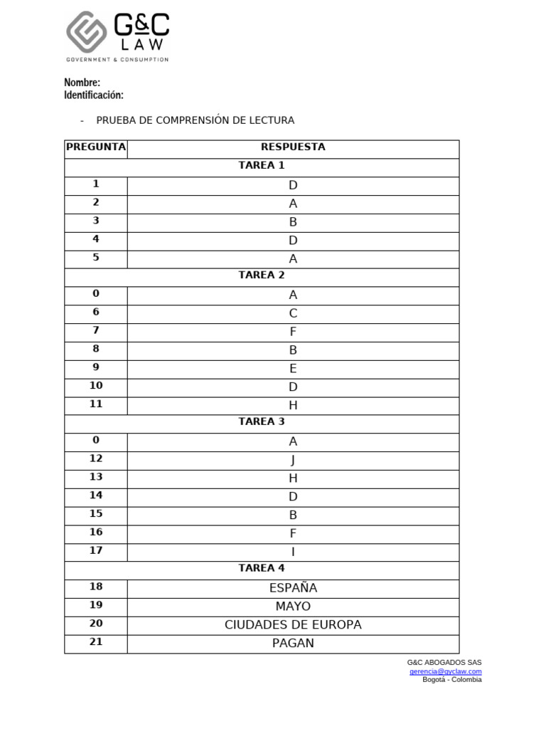 Hoja de Respuestas - Prueba de Comprension Lectora y Logica | PDF