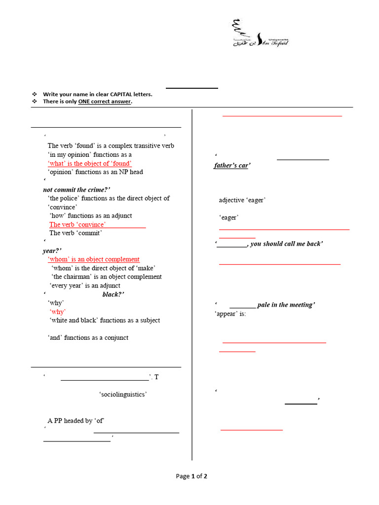 EXAM GRAMMAR S3 AFTERNOON (1s3) | PDF | Clause | Verb